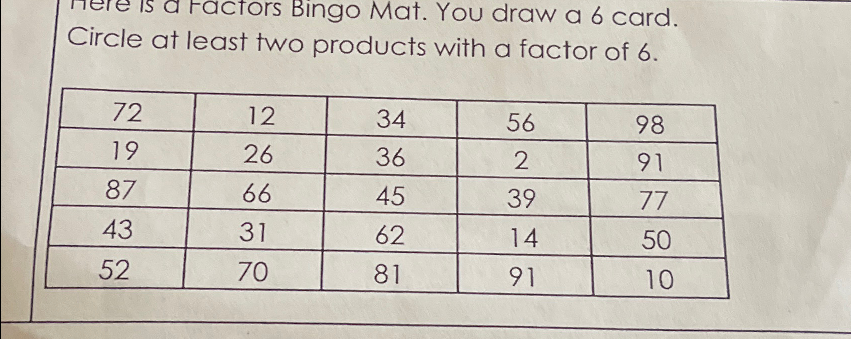 Solved Factors Bingo Mat. You draw a 6 ﻿card. ircle at least | Chegg.com