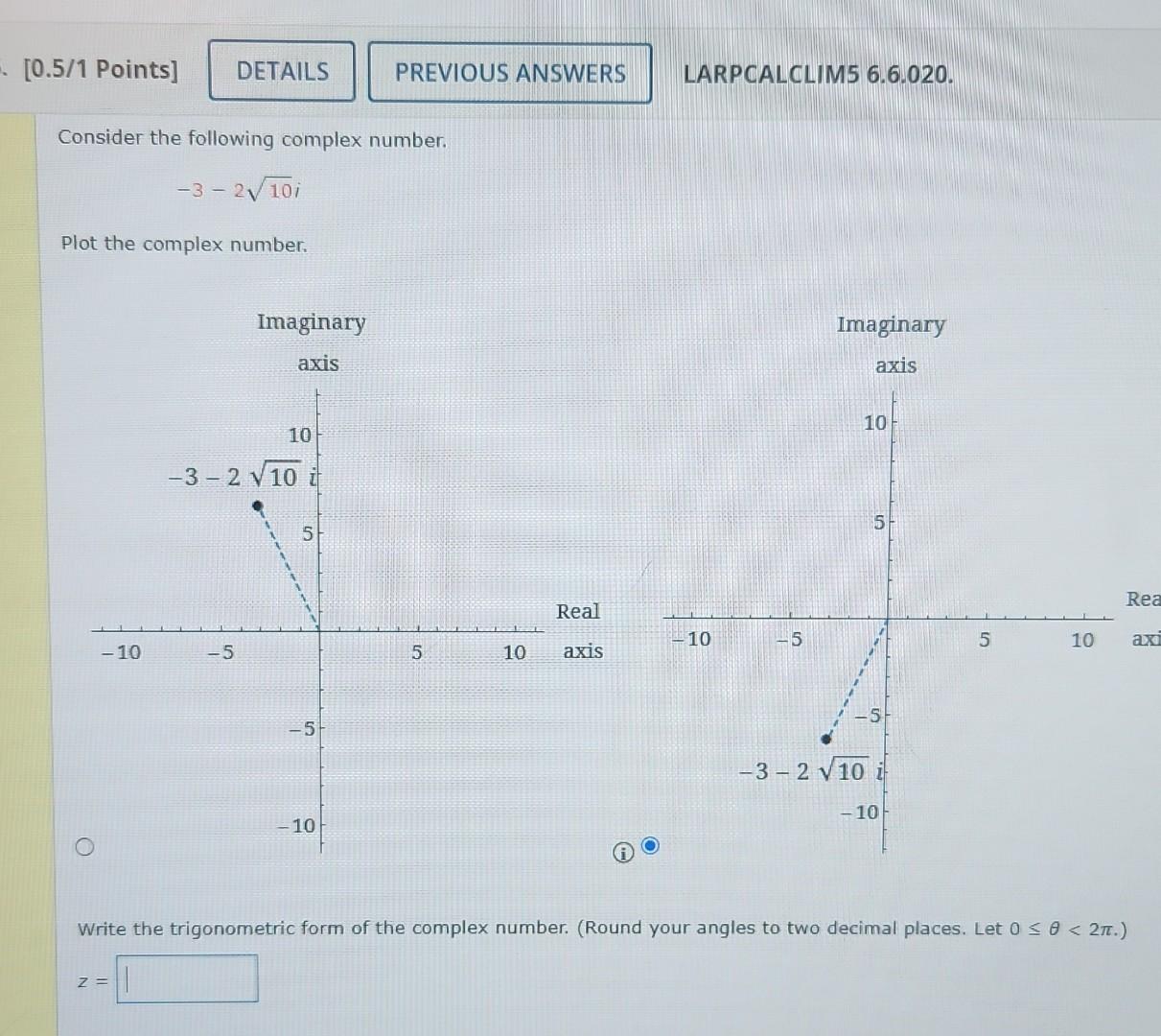 Solved Consider the following complex number. −3−210i Plot | Chegg.com
