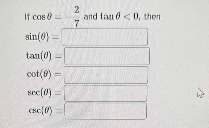 Solved If cosθ=−72 and tanθ