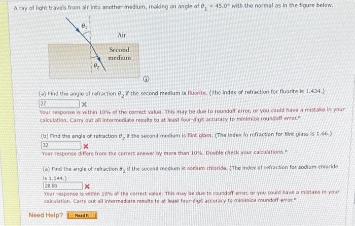 Solved light travels from air into another medium, making an | Chegg.com