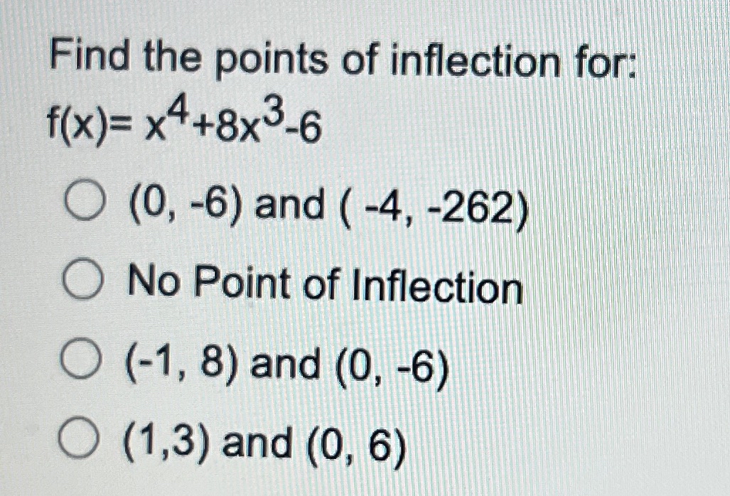 Solved Find the points of inflection for:f(x)=x4+8x3-6(0,-6) | Chegg.com