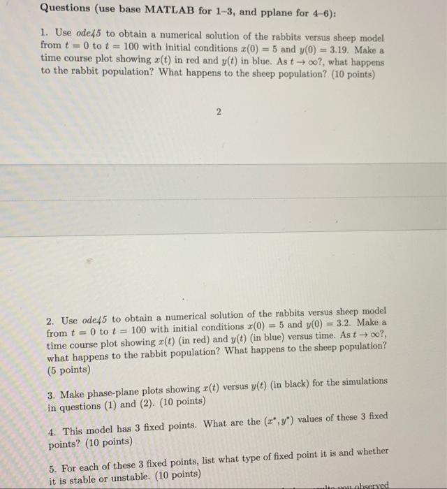 Questions (use base MATLAB for 1-3, and pplane for | Chegg.com