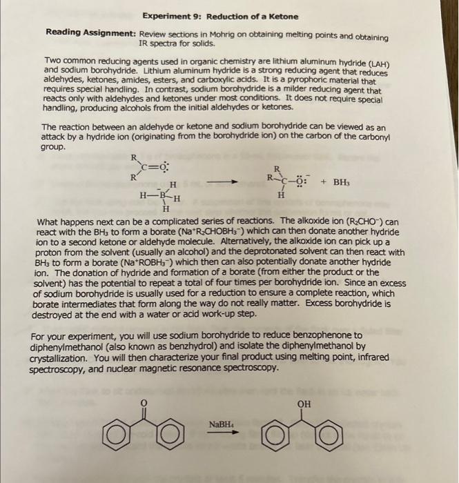 Solved Experiment 9: Reduction of a Ketone Reading | Chegg.com