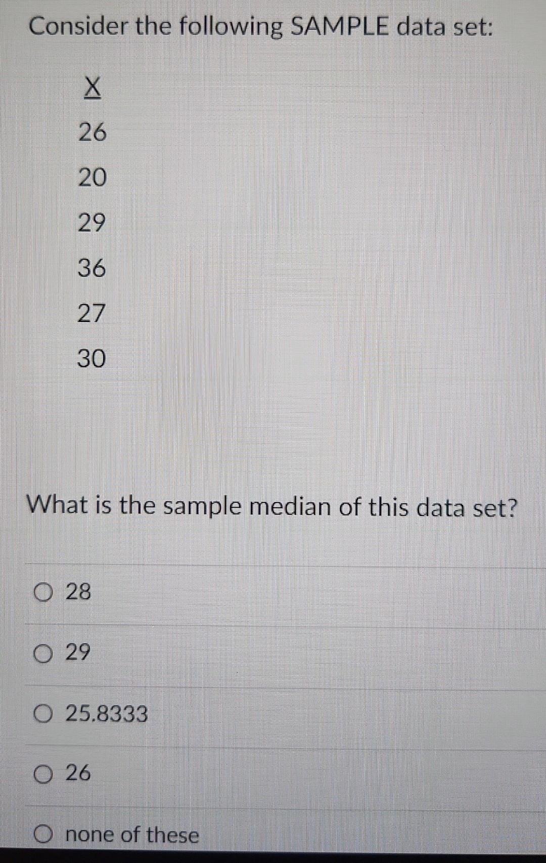 Solved Consider the following SAMPLE data set: X 26 20 29 36 | Chegg.com
