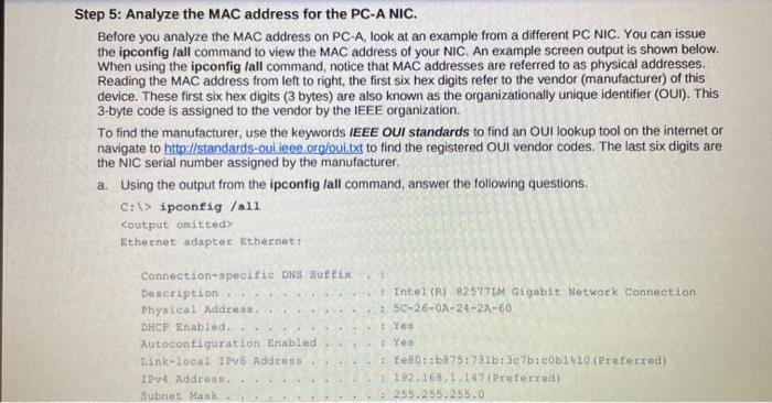 Lab - View Network Device MAC Addresses Topology PC-A | Chegg.com