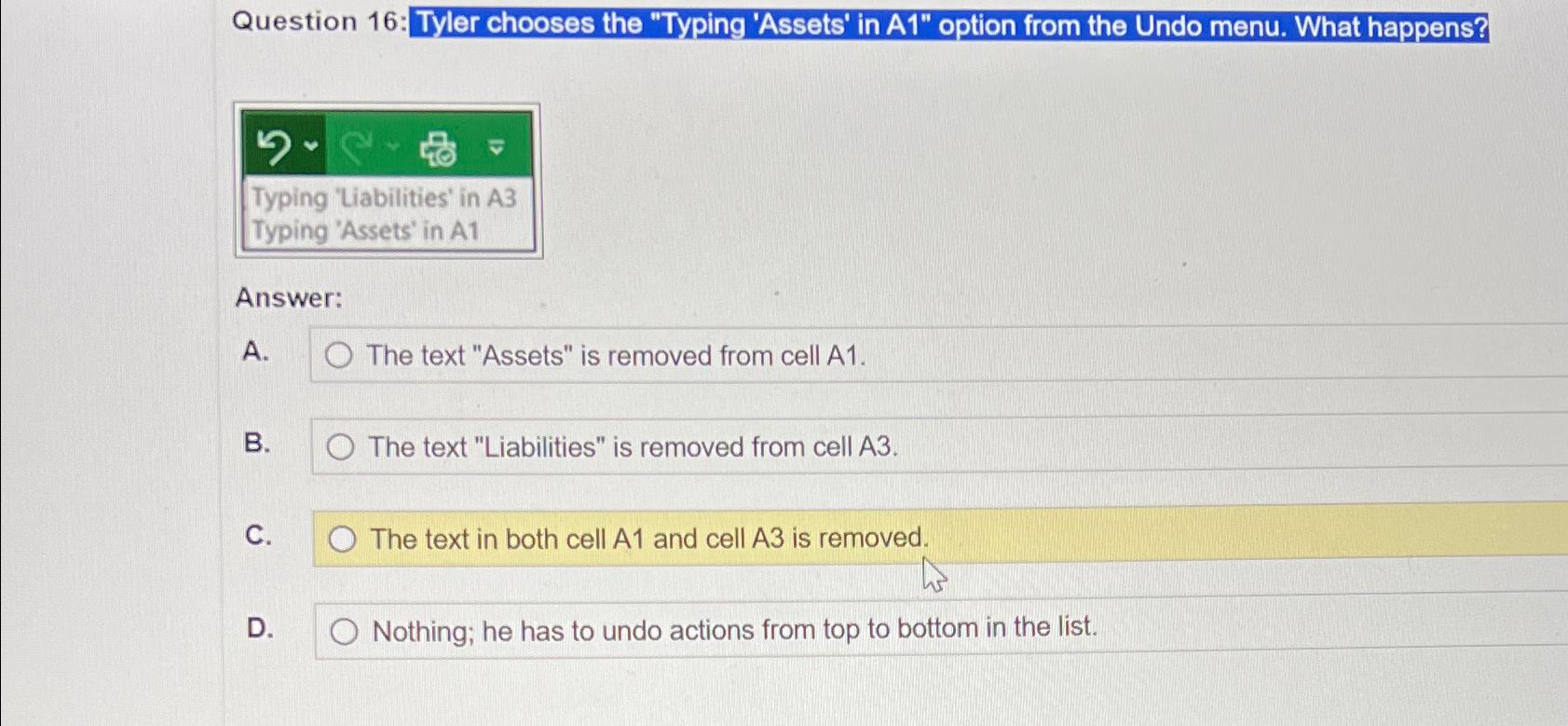 Solved Question 16: Tyler chooses the "Typing 'Assets' in | Chegg.com