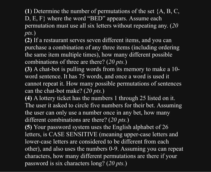Solved (1) Determine the number of permutations of the set | Chegg.com