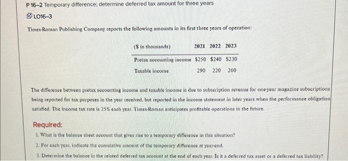 Solved P 16-2 Temporary difference; determine deferred tax | Chegg.com