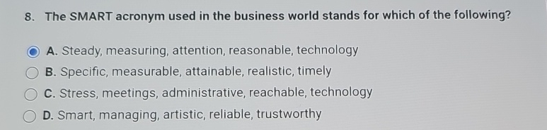 Solved The SMART acronym used in the business world stands | Chegg.com