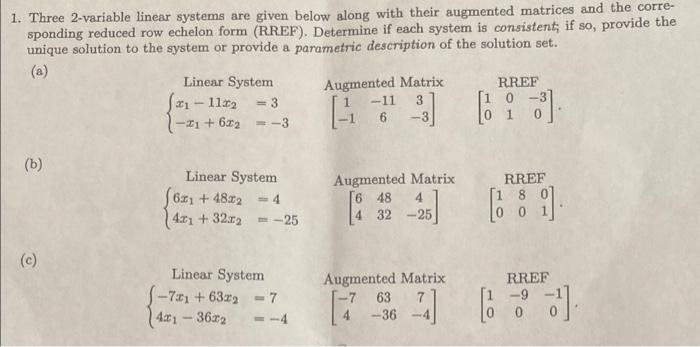 Solved 1. Three 2-variable linear systems are given below | Chegg.com