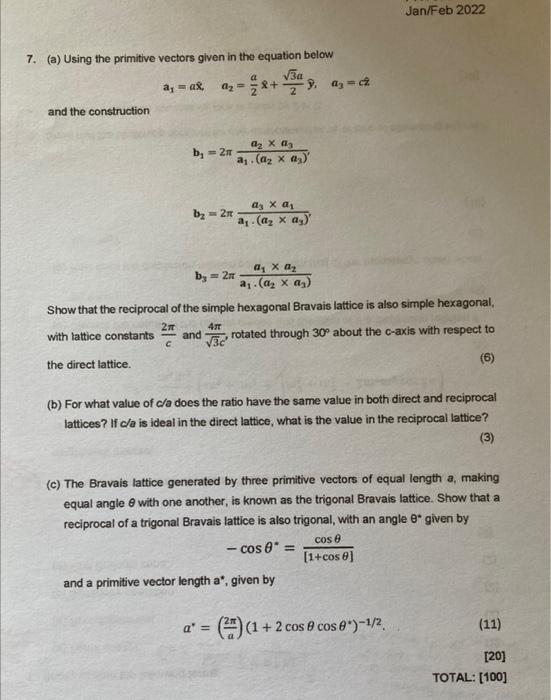 Solved 7. (a) Using the primitive vectors given in the | Chegg.com