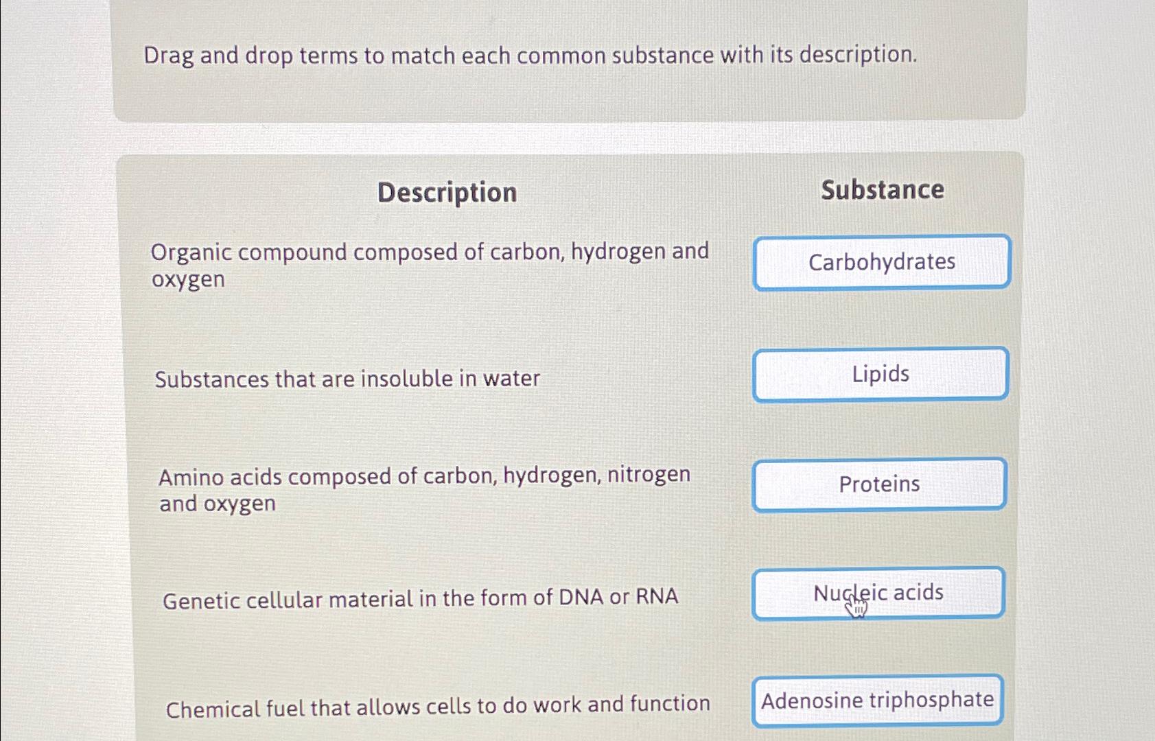 Solved Drag and drop terms to match each common substance | Chegg.com