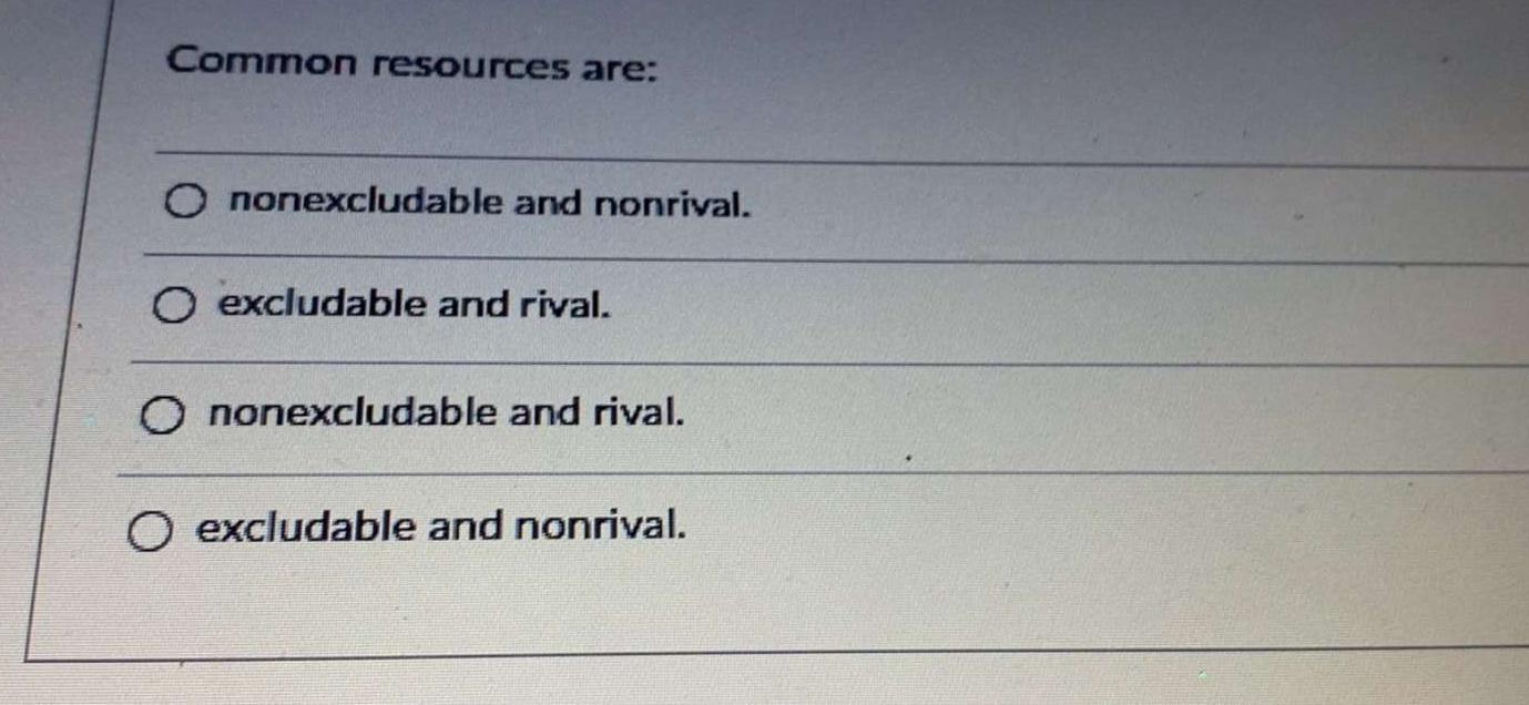 Solved Common resources are:nonexcludable and | Chegg.com