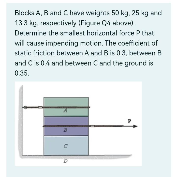 Solved Blocks A, B and C have weights 50 kg,25 kg and 13.3 | Chegg.com