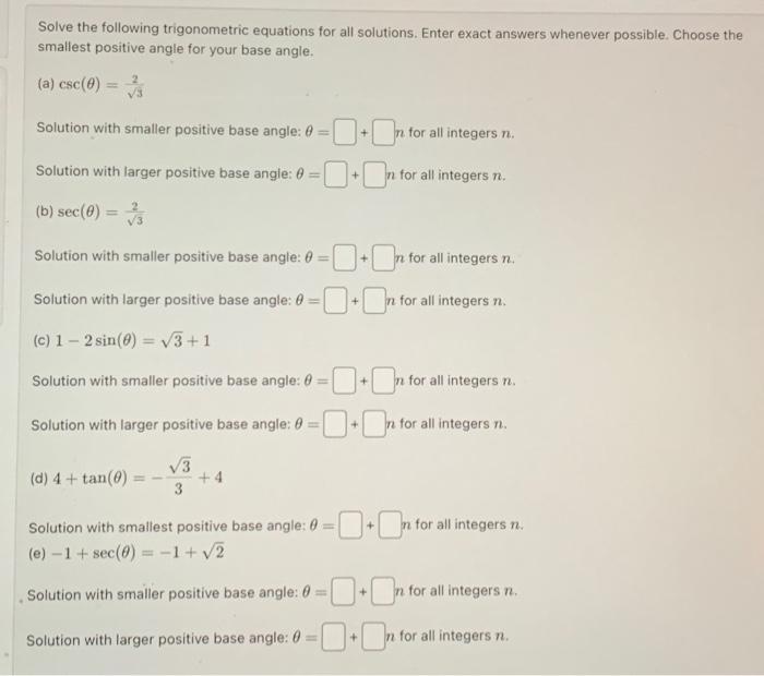 Solved Solve the following trigonometric equations for all | Chegg.com