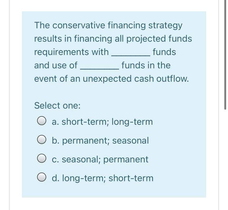 Solved The conservative financing strategy results in | Chegg.com