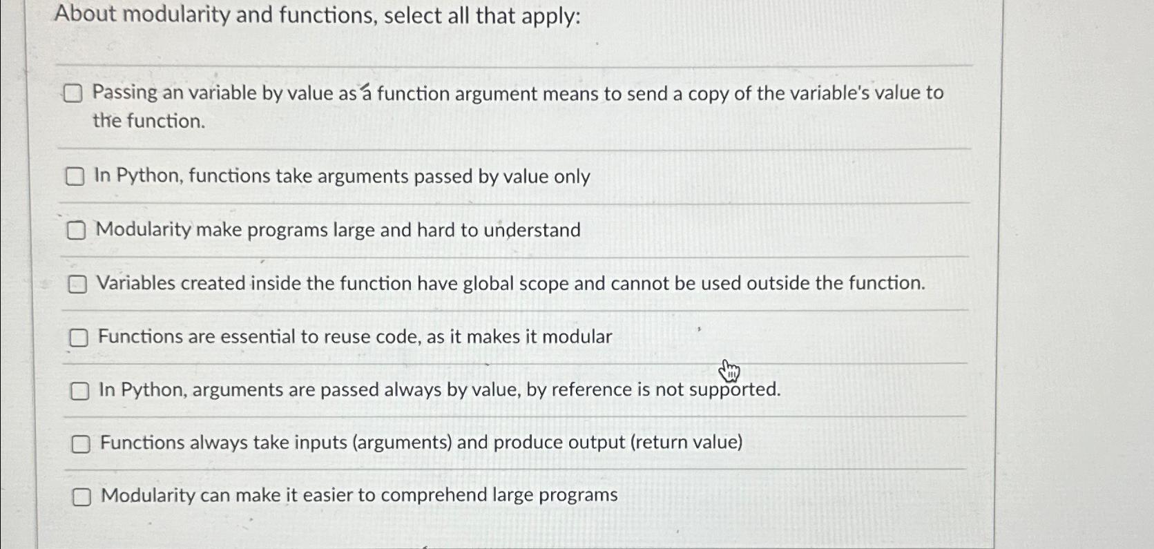 Solved About modularity and functions, select all that | Chegg.com
