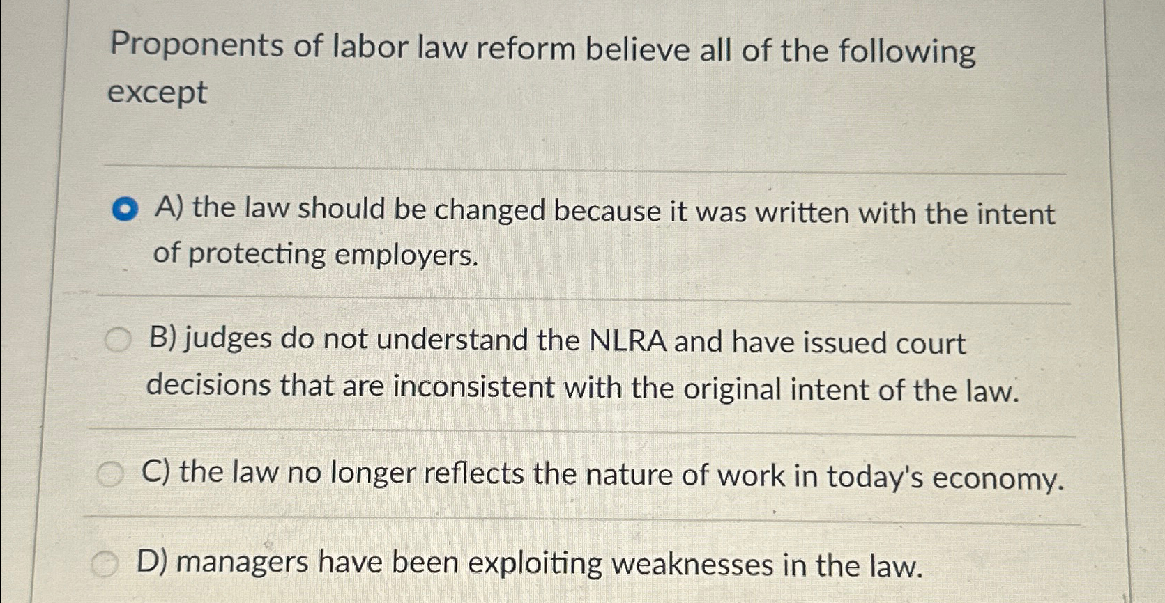 Solved Proponents of labor law reform believe all of the | Chegg.com