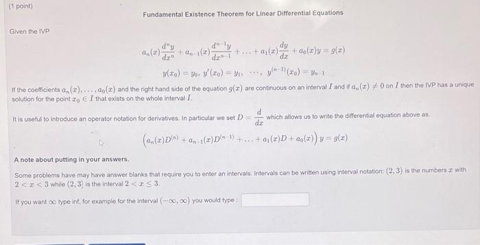Solved (1 point) Fundamental Existence Theorem for Linear | Chegg.com