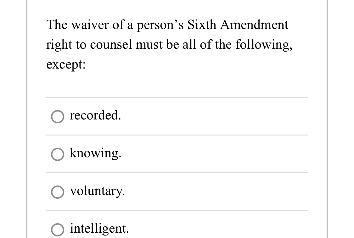 Solved The waiver of a person's Sixth Amendment right to | Chegg.com