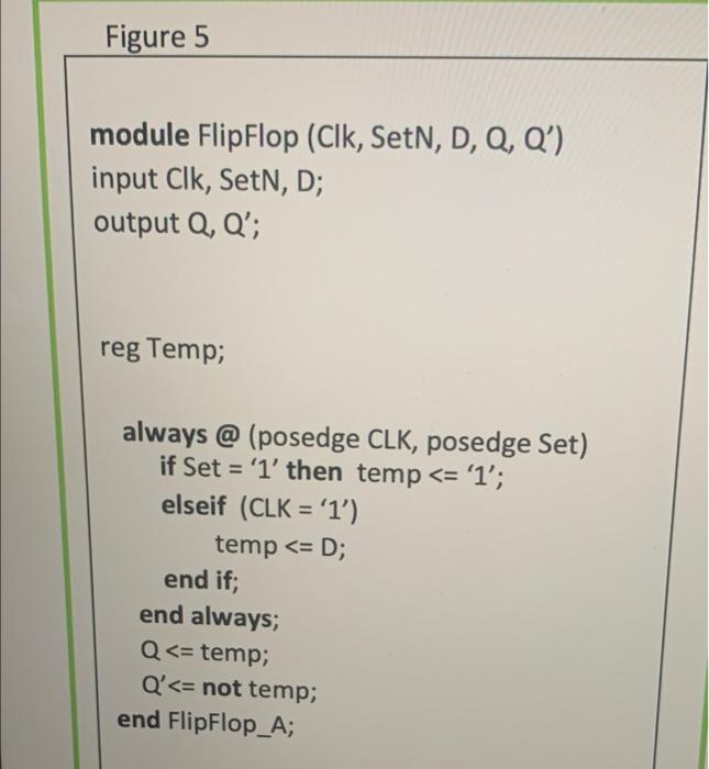 Solved Figure 5 module FlipFlop (Clk, SetN, D, Q, Q') input | Chegg.com