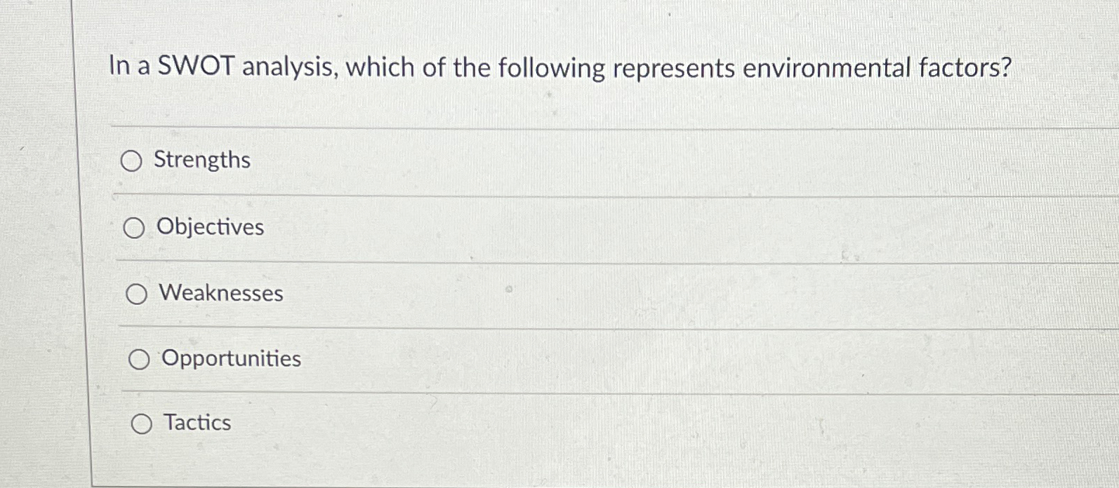 Solved In a SWOT analysis, which of the following represents | Chegg.com