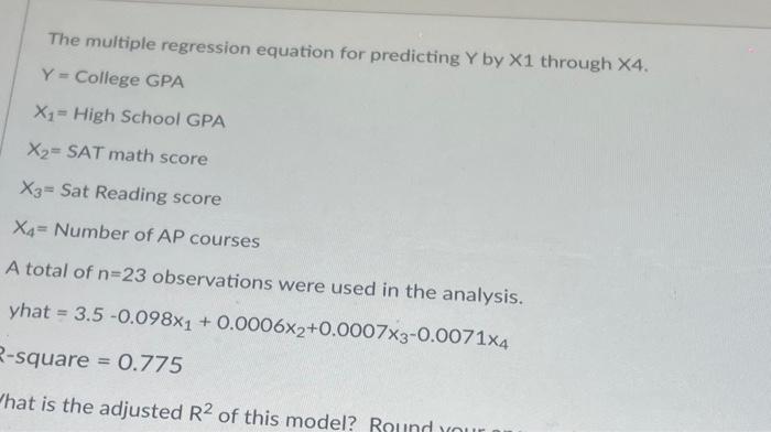 Solved The multiple regression equation for predicting Y by | Chegg.com