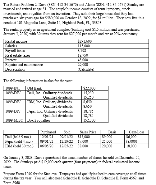 Solved Tax Retum Problem 2. ﻿Dave (SSN: 412-34-5670) ﻿and | Chegg.com