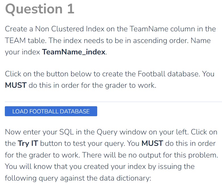 Solved Question 1Create a Non Clustered Index on the | Chegg.com
