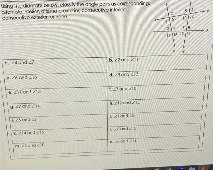 Solved Using the diagram below, classify the angle pairs as | Chegg.com