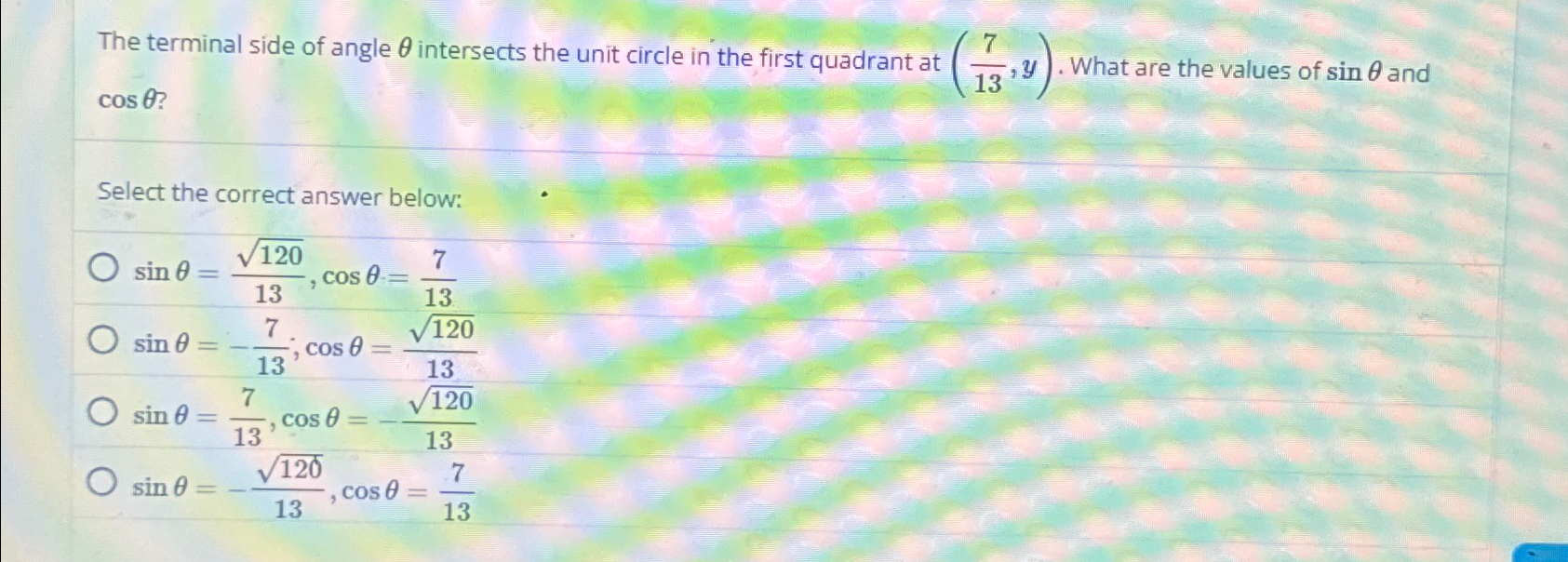 Solved The terminal side of angle θ ﻿intersects the unit | Chegg.com