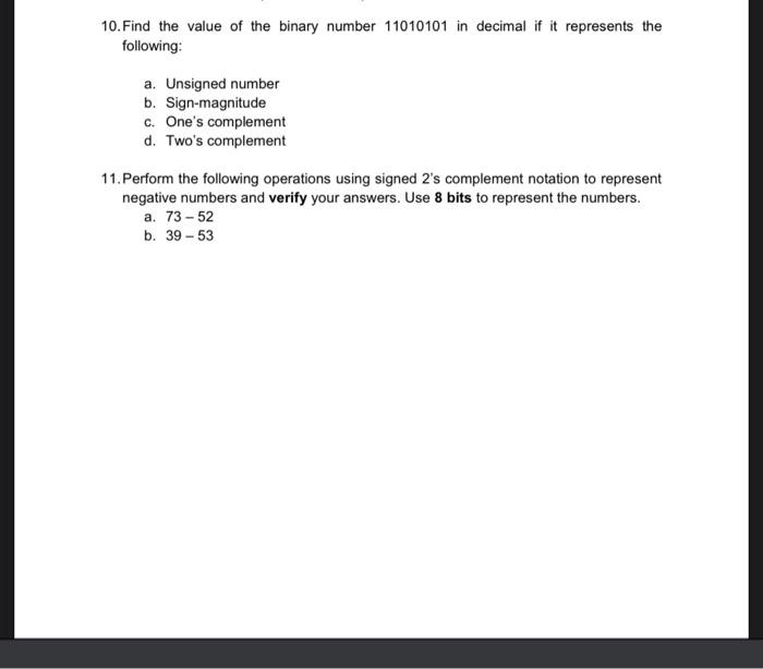 Solved 10. Find the value of the binary number 11010101 in | Chegg.com
