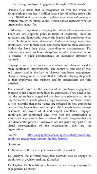Solved Increasing Employee Engagement through HRM (Harrods) | Chegg.com