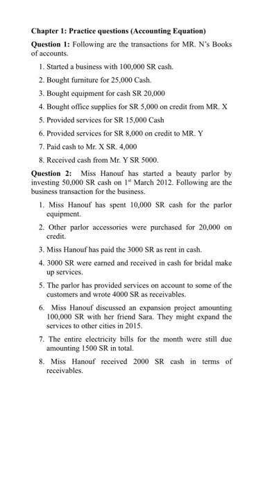 Solved Chapter 1: Practice questions (Accounting Equation) | Chegg.com