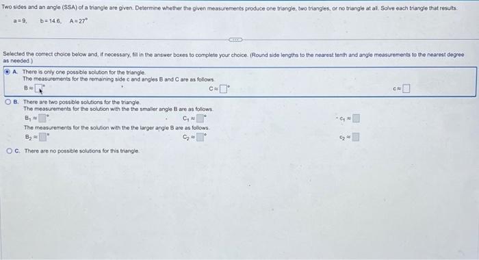 Solved Two sides and an angle (SSA) of a triangle are given. | Chegg.com