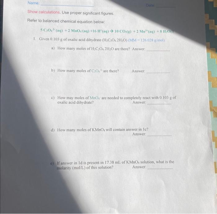 Solved 5C2O42 (aq) +2MnO4(aq)+16H′(aq)→10CO2( g)+2Mn2+ (aq) | Chegg.com