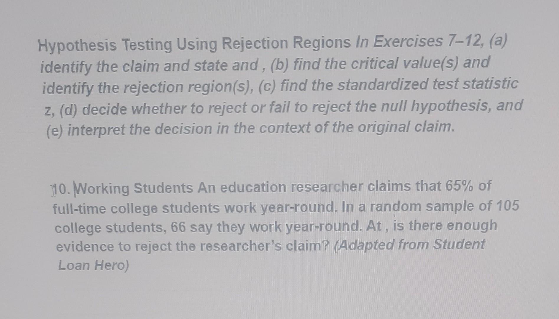 Solved Hypothesis Testing Using Rejection Regions In | Chegg.com
