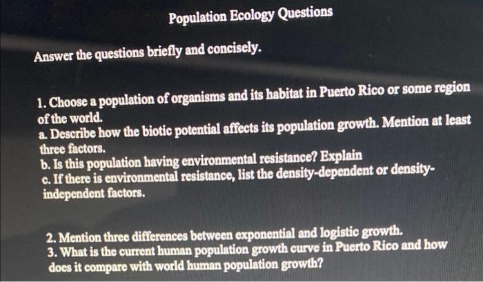 Solved Population Ecology Questions Answer the questions | Chegg.com