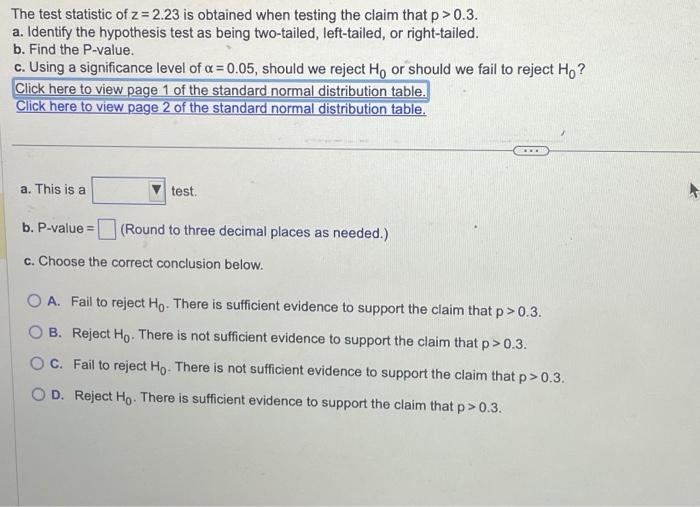 The Test Statistic Of Z 2 23 Is Obtained When Testing
