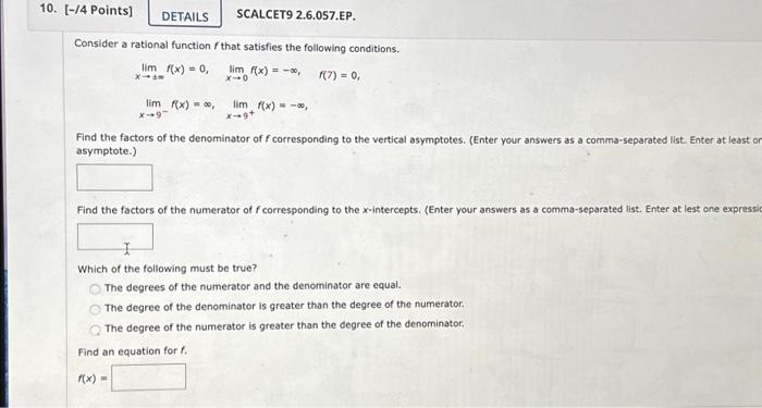 Solved 10. [-/4 Points] DETAILS SCALCET9 2.6.057.EP. | Chegg.com