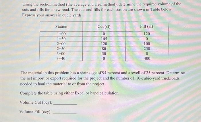 Solved Using the section method (the average end area | Chegg.com Solved Using the section method (the average end area | Chegg.com