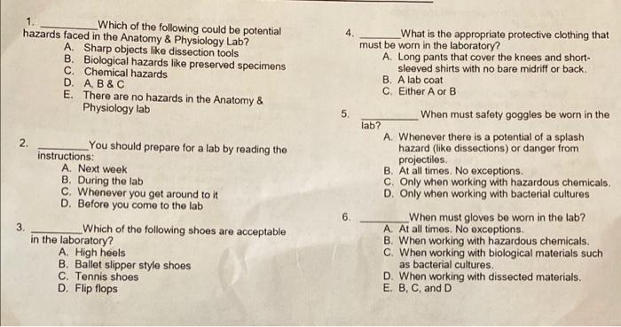 Solved Which of the following could be potential hazards | Chegg.com