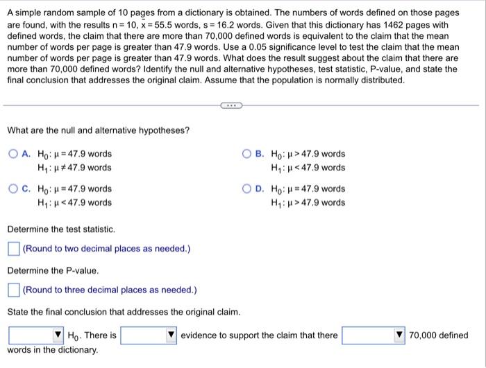 Solved A simple random sample of 10 pages from a dictionary | Chegg.com