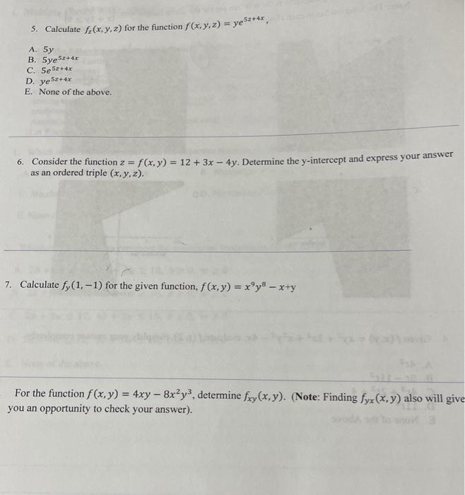 Solved 5. Calculate fz(x,y,z) for the function | Chegg.com