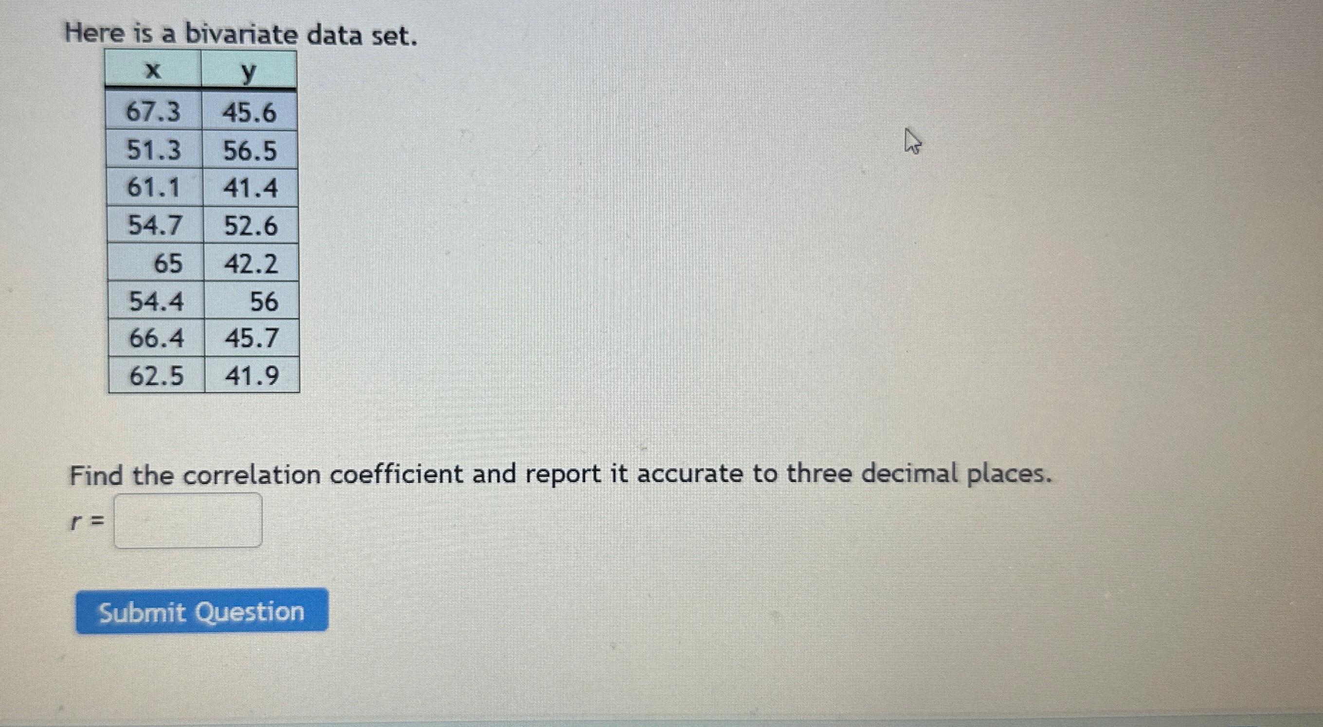 Solved Here is a bivariate data set.\table[[x,y | Chegg.com