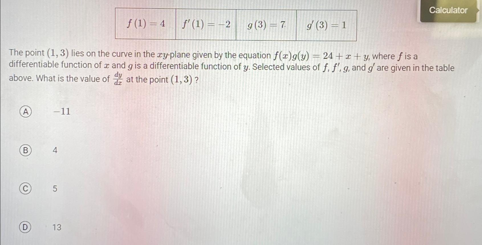 Solved \table[[f(1)=4,f'(1)=-2,g(3)=7,g'(3)=1 | Chegg.com
