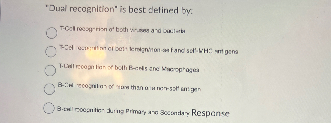 Solved "Dual recognition" is best defined by:T-Cell | Chegg.com