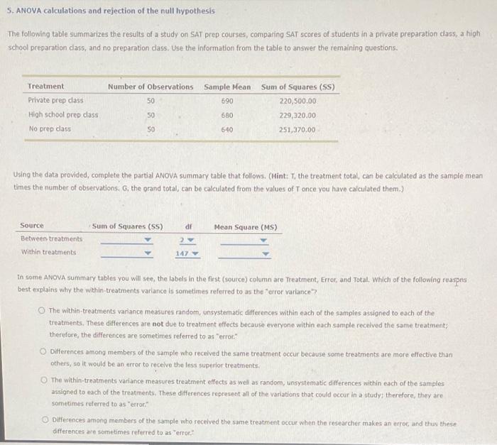 Solved 5. ANOVA calculations and rejection of the null | Chegg.com