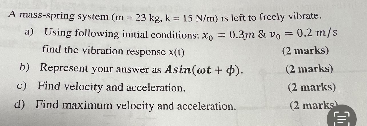 Solved by an EXPERT A mass-spring system ( m=23kg,k=15Nm ﻿is left to | Chegg.com