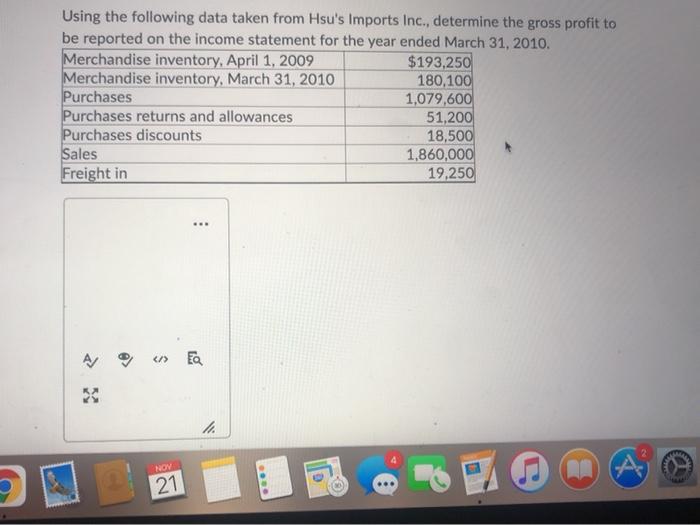 Solved SA Using the following data taken from Hsu's Imports | Chegg.com Solved SA Using the following data taken from Hsu's Imports | Chegg.com